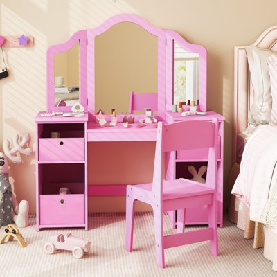 Costway 2-in-1 Kids Dressing Table & Chair Set Vanity Table Desk w ...