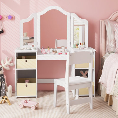 Costway 2 in 1 Kids Dressing Table Chair Set Vanity Table Desk w Removable Mirrors