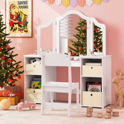 Costway 2-in-1 Kids Dressing Table & Chair Set Vanity Table Desk w ...