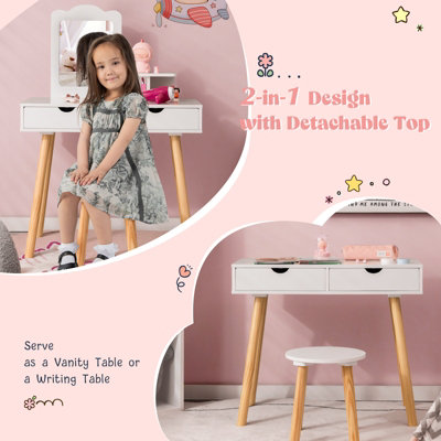 Costway 2-in-1 Kids Vanity Set Kids Wood Vanity Table Stool w/ Mirror ...