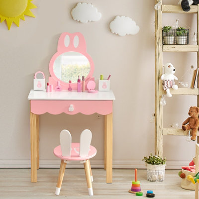 Costway 2 in 1 Kids Vanity Set Study Table Chair Set w Mirror Drawers