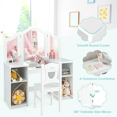 Costway 2 in 1 Kids Vanity Table Chair Set Makeup Table Dressing Table Desk