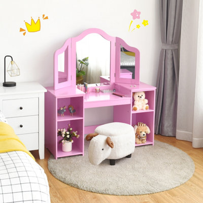 Costway 2 In 1 Kids Vanity Table Children Dressing Table Set w/ Mirror ...