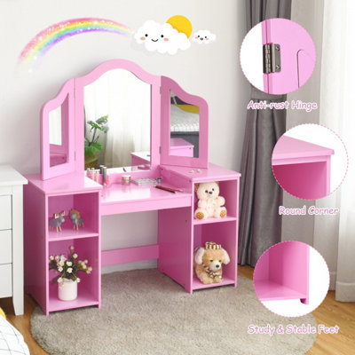 Costway 2 In 1 Kids Vanity Table Children Dressing Table Set w Mirror Storage Shelves