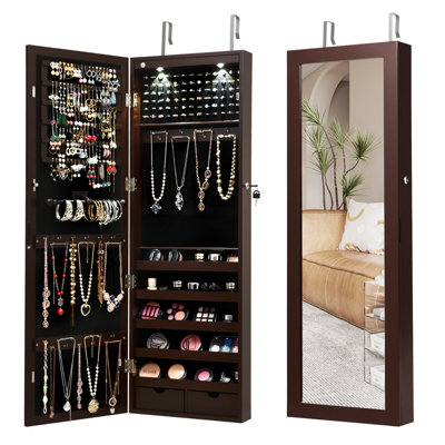 Costway 2 IN 1 Mirror Jewelry Cabinet Wall Mounted Door Hanging Jewelry Armoire W Storage Drawers