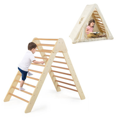 Costway 2-in-1 Triangle Climbing Set Kids Wooden Climbing Play Tent ...