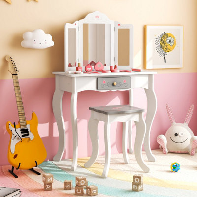 Costway 2 in 1 Vanity Table for Kids w/ Stool Drawer & Folding Mirror ...