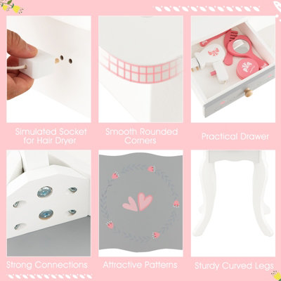 Costway 2 in 1 Vanity Table for Kids w/ Stool Drawer & Folding Mirror ...