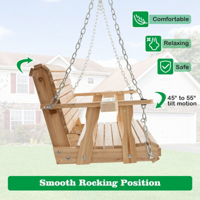 Costway 2 Person Porch Hanging Swing Chair Wooden Garden Swing Bench W Cup Holders