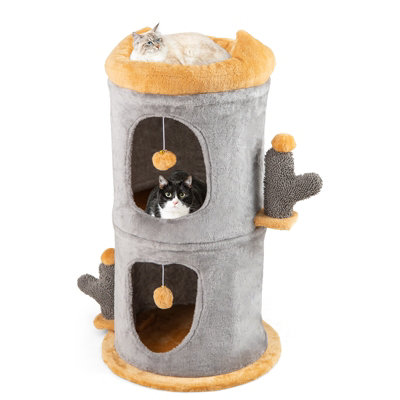 COSTWAY 2-Story Cat House Cute Small Cat Tree Tower w/ 2 Cozy Condos
