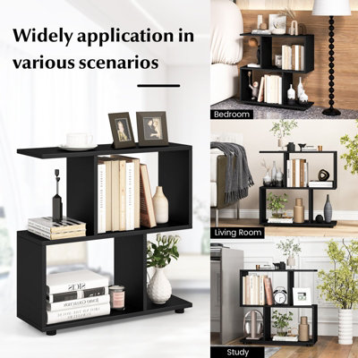 Costway 2-tier Bookcase Irregular Storage Shelf Wood Shelving Units w/ 4 Cubes Black