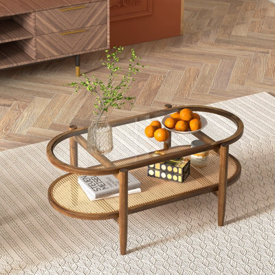 Costway 2 Tier Coffee Table Rattan Center Cocktail Tea Table Tempered Glass Tabletop