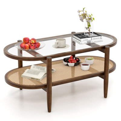 Costway 2-Tier Coffee Table Rattan Center Cocktail Tea Table Tempered ...