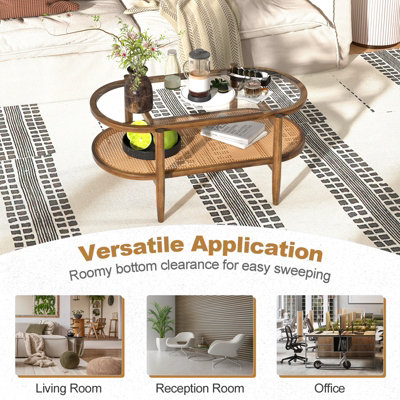 Costway 2-Tier Coffee Table Rattan Center Cocktail Tea Table Tempered ...