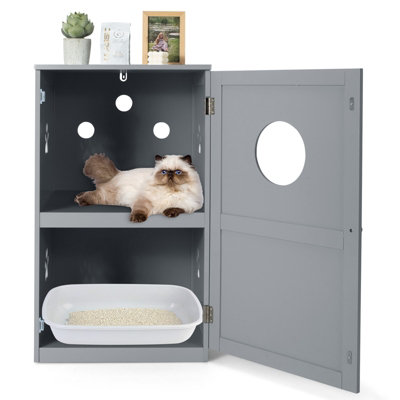 Costway 2-Tier Litter Box Enclosure Cat House Side Storage Cabinet ...