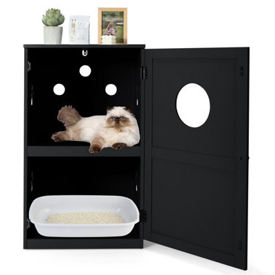 Costway 2-Tier Litter Box Enclosure Cat House Side Storage Cabinet ...