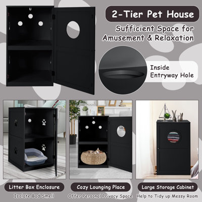 Costway 2-Tier Litter Box Enclosure Cat House Side Storage Cabinet ...