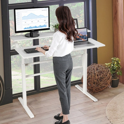 Costway 2 Tier Standing Computer Desk Sit to Stand Workstation Ergonomic Computer Table White