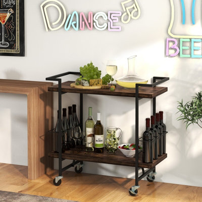 Costway 2-tier Wooden Home Bar Cart Kitchen Mobile Cart w/ Lockable Wheels