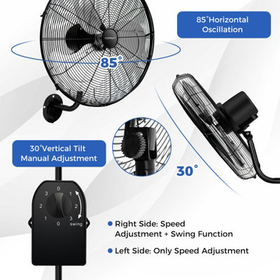 Costway 20 Inch Wall Mount Fan Heavy Duty Metal Wall Fan w/ 3 Fan Speeds