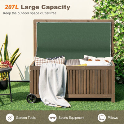 Buy Costway 207 L Wood Deck Box Outdoor Storage Box w/ Wheels Patio ...