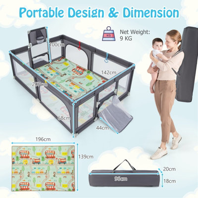 Costway 207 x 142 cm Large Baby Playpen Safe Play Yard w/ Basketball ...