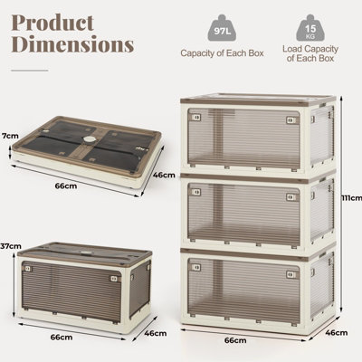 Costway 292L Collapsible Storage Bins 3-Pack Stackable Storage Boxes w ...