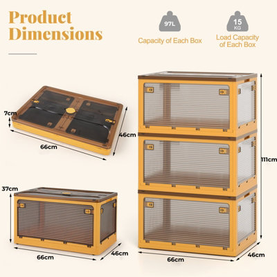 Costway 292L Collapsible Storage Bins 3-Pack Stackable Storage Boxes w ...