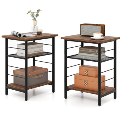 Costway 2PCS Industrial End Table Height Adjustable 3-Tier Side Table-Brown