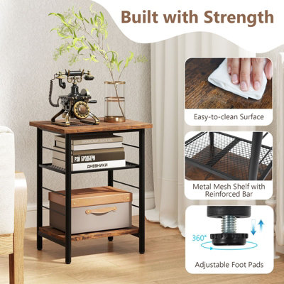 Costway 2PCS Industrial End Table Height Adjustable 3-Tier Side Table-Brown