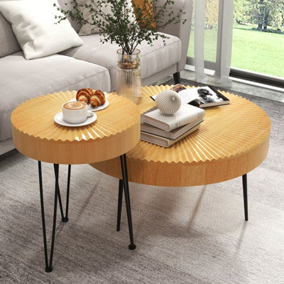 Costway 2PCS Round Nesting Tables Boho Farmhouse Accent Coffee Tables w Adjustable Foot