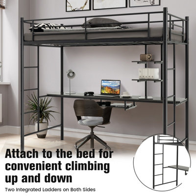Costway 3.5FT Single Metal Loft Bed Frame High Sleeper Bunk Bed W Desk Storage Shelves
