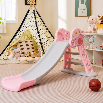 Costway 3-in-1 Folding Climber & Slide Set Basketball Hoop & Small ...