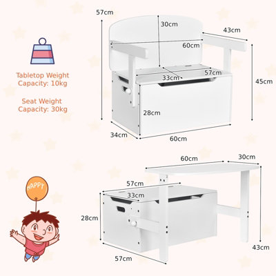Costway 3 in 1 Kids Convertible Activity Bench Toy Box White