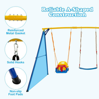 Costway 3-in-1 Kids Swing Set Metal A-Frame Stand Swing Playset ...