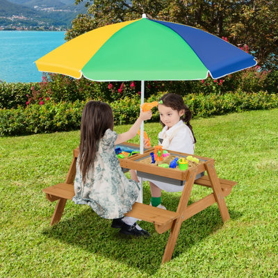 Costway 3 In 1 Toddler Picnic Table Kids Picnic Table Bench Set w Umbrella