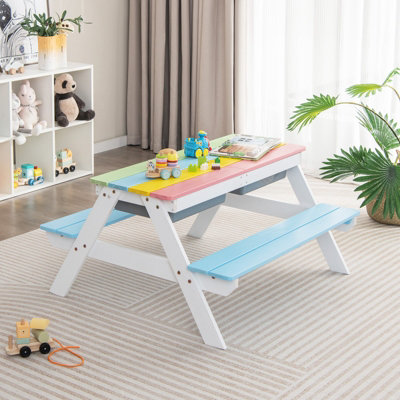 Costway 3 In 1 Toddler Picnic Table Kids Picnic Table Bench Set w Umbrella