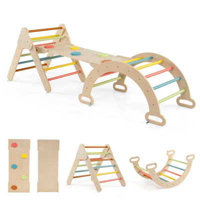 COSTWAY 3-in-1 Triangle Climbing Set Wooden Toddler Climber with ...