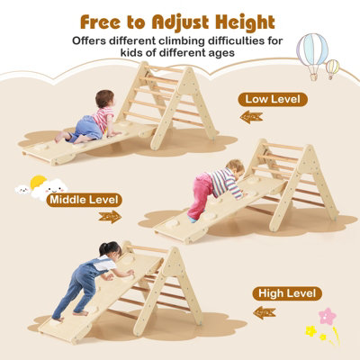 COSTWAY 3-in-1 Triangle Climbing Set Wooden Toddler Climber with ...