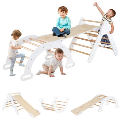 Costway 3-in-1 Triangle Climbing Set Wooden Toddler Climber with ...