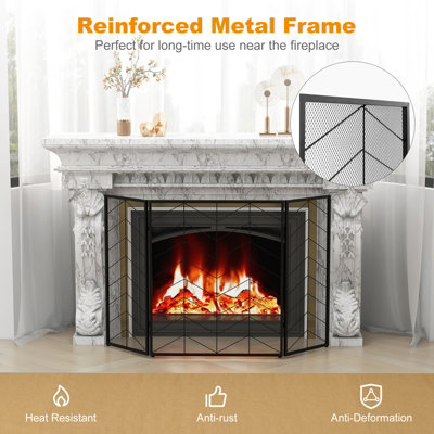 Costway 3-Panel Fireplace Folding Spark Guard Screen Decorative Mesh ...