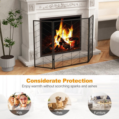 Costway 3-Panel Fireplace Folding Spark Guard Screen Decorative Mesh ...