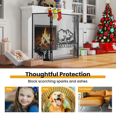 Costway 3-Panel Fireplace Folding Spark Guard Screen Decorative Mesh ...