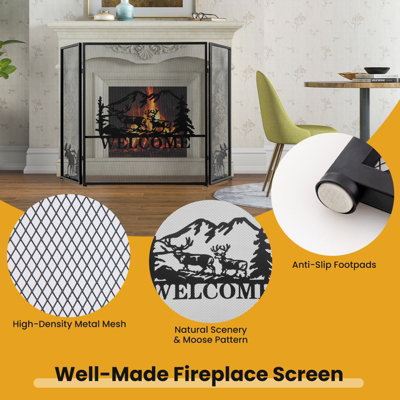 Costway 3-Panel Fireplace Folding Spark Guard Screen Decorative Mesh ...