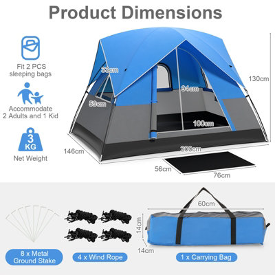 Costway 3-person Camping Tent Waterproof Double-layer Tent w/ Removable ...