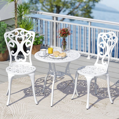 COSTWAY 3 Piece Bistro Set All Weather Cast Aluminum Bistro Table Set-White