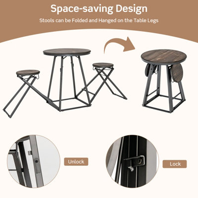 Costway 3-Piece Round Table & Stool Set Dining Bar Table w/ 2 Foldable ...