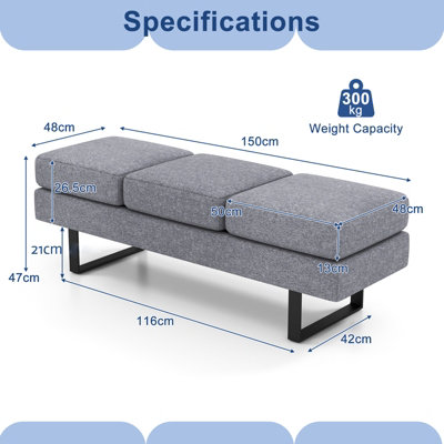 Costway 3-seat Long Bench Ottoman Upholstered Reception Bench Padded ...