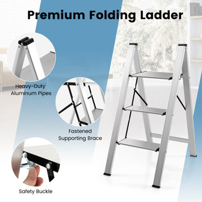 Costway 3 Step Ladder Folding Aluminum Structure Step Stool w/ Wide ...