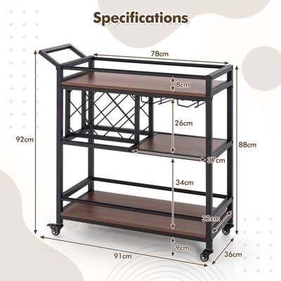 Costway 3-Tier Bar Cart Industrial Serving Cart Kitchen Rolling Cart w ...
